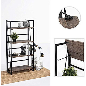 Coavas Folding Bookshelf Home Office Industrial Bookcase No Assembly Storage Shelves Vintage 4 Tiers Flower Stand Rustic Metal Book Rack Organizer, 23.6 X 11.8 X 49.4 Inches