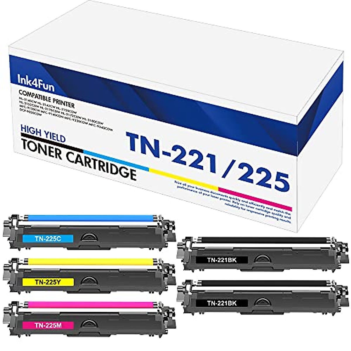 TN221 TN225 TN-221 Toner Cartridges: Compatible Replacement for Brother TN221K TN225C TN225M TN225Y for MFC-9130CW HL-3140CW HL-3170CDW HL-3150CDW MFC-9330CDW MFC-9340CDW MFC-9140CDN Printer (5 Pack)