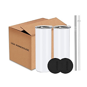 2 Pack Sublimation Tumbler 20oz Blank Skinny White Flat Edge Double Wall Stainless Steel Rubber Bottom Slide Lid 2 Straws. For Heat Press Sublimation Printing