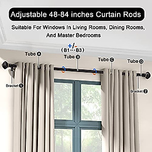 Box Space Curtain Rods for Windows 48 to 84 inches, 1 inch Diameter Adjustable Length Black Curtain Rod for Bedroom Living Room Decorative Curtain Rod Set with Brackets