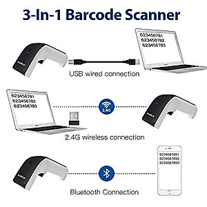 Sumicor 2D Bluetooth Barcode Scanner with Stand, 3 in 1 Compatible with Bluetooth & 2.4GHz Wireless & Wired Connection, USB Image Cordless QR Code Scanner for Smart Phone Tablet PC
