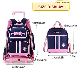 MITOWERMI Rolling Backpack for Girls Cute Trolley Bags Primary School Bookbags with Wheels Kids Carry-On Wheeled Backpack with Lunch Bag