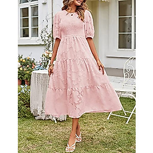 MEROKEETY Summer Dress for Women Elegant Smocked Short Puff Sleeve Floral Solid Midi Maxi Dresses,Pink,S