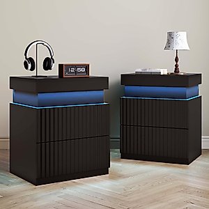 Nightstand Set of 2 Black Nightstand with Charging Station LED Night Stands with Drawers Modern Bedside Table with Sliding Top Night Table Fluted End Tables for Bedroom, Apartment, Dorm