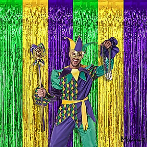 4 Pack 3.2Ft x 6.6Ft Mardi Gras Fringe Curtain Backdrop, Gold Green Purple Metallic Tinsel Foil Fringe Streamers Curtains Background for Photo Booth Birthday Wedding Carnival Party Decorations