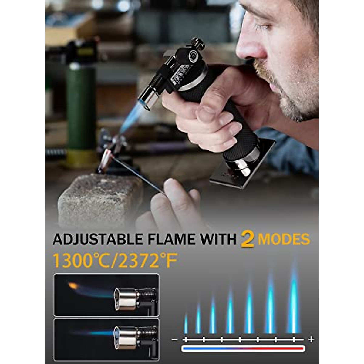 ravs Butane Torch Lighter with DUAL Flame Mode, Refillable Kitchen Torch Lighter Cooking Torch, Blow Torch with Safety Lock and Adjustable Flame, Soldering Torch for Welding, Resin Art, Industrial