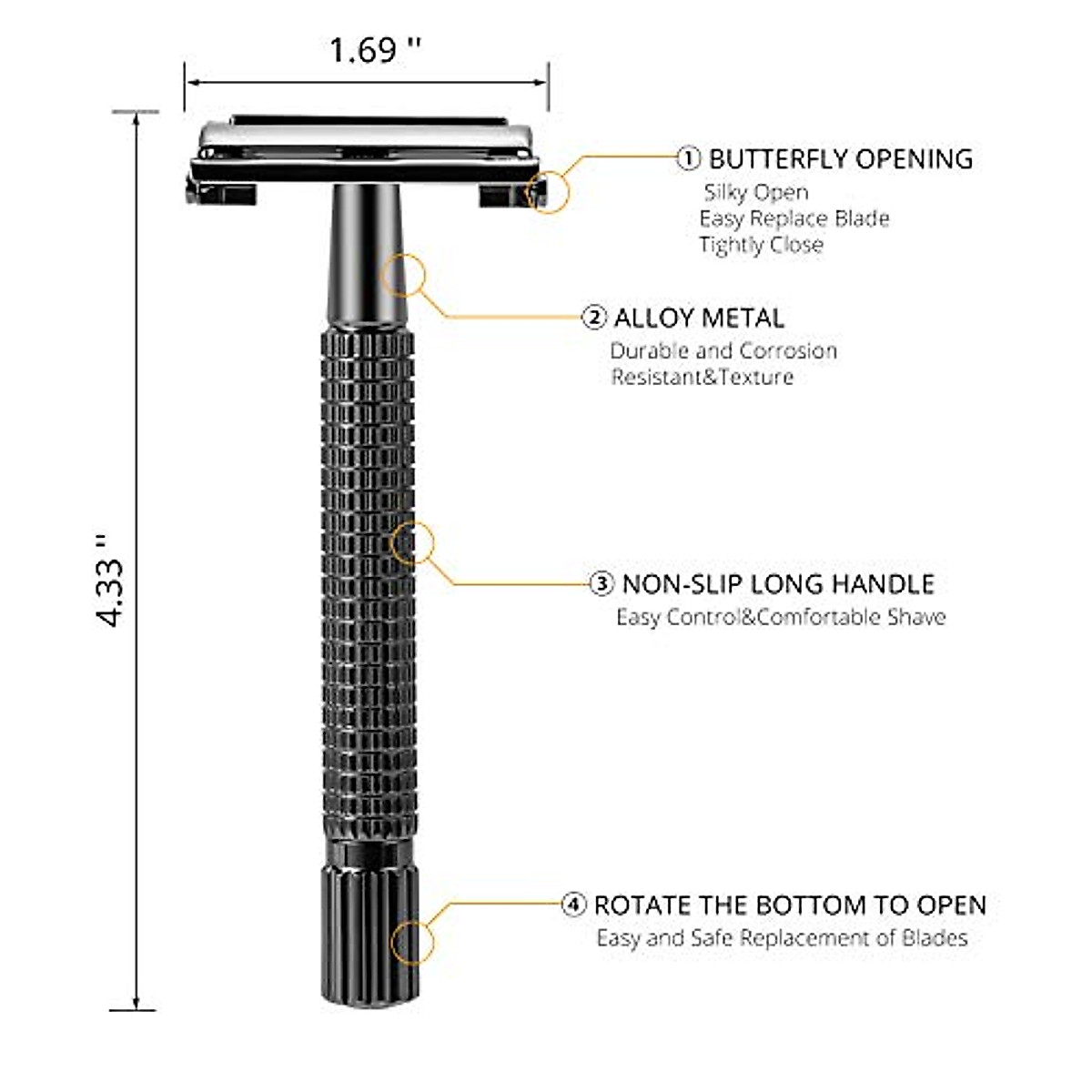 DreamGenius Double Edge Safety Razor, Long Handle Butterfly Open Razors for Men or Women,Single Blade Shaving Razor with 10 Stainless Steel,Double Edge Safety Razor Blades