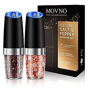 2Pcs Gravity Electric Salt and Pepper Grinder Set, Battery Powered LED Light One Hand Automatic Operation, Adjustable Coarseness Mill Grinders Shakers Black, Kitchen Gadgets Gift Ideas