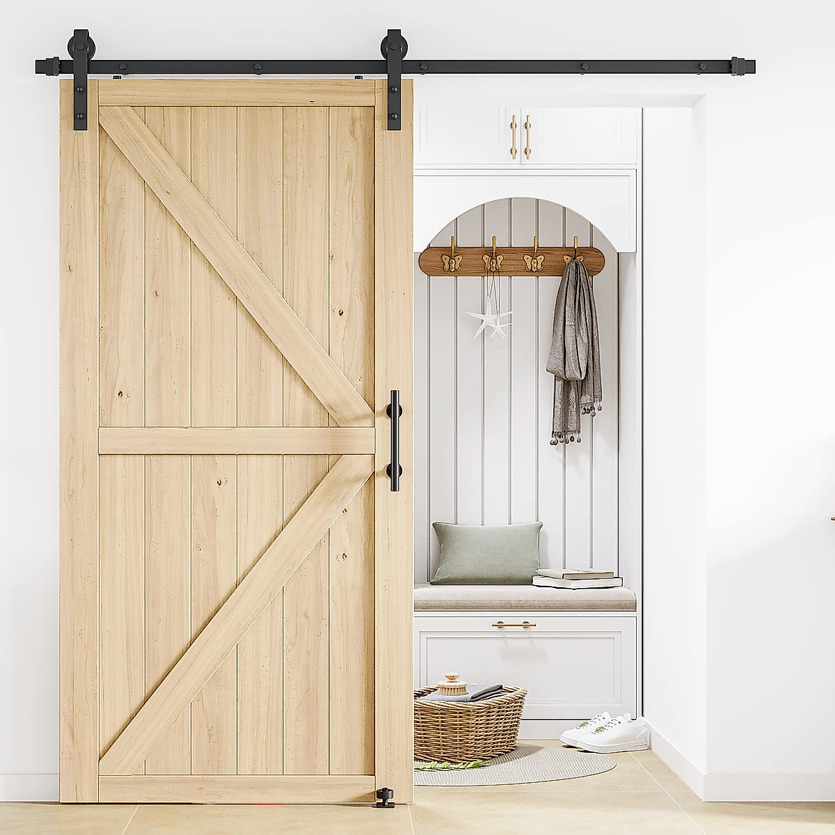 HomLxclx 42in x 84in Barn Door with 8ft Sliding Barn Door Hardware Kit & 12inch Handles & Floor Guide, DIY Unfinished Solid Wood Barn Door Slab, Natural Pine Wood, Pre-Drilled for Install, K-Frame