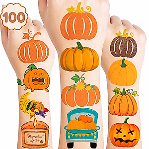 Cute Pumpkin Temporary Tattoos 10 Sheets 100 PCS Fall Pumpkin Party Decorations Favors Supplies Fall Theme Birthday Stickers Halloween Gifts for Boys Girls Kids Class School Prizes Carnival Christmas