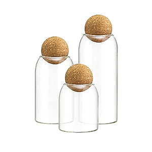 AEFPOYMXU 3 Pcs Glass Jars with Cork Ball Lid Set Kitchen Food Terrarium Airtight Clear Storage Canisters with Wooden Lids for Cookie Candy Coffee Bean Spice Sugar Rice