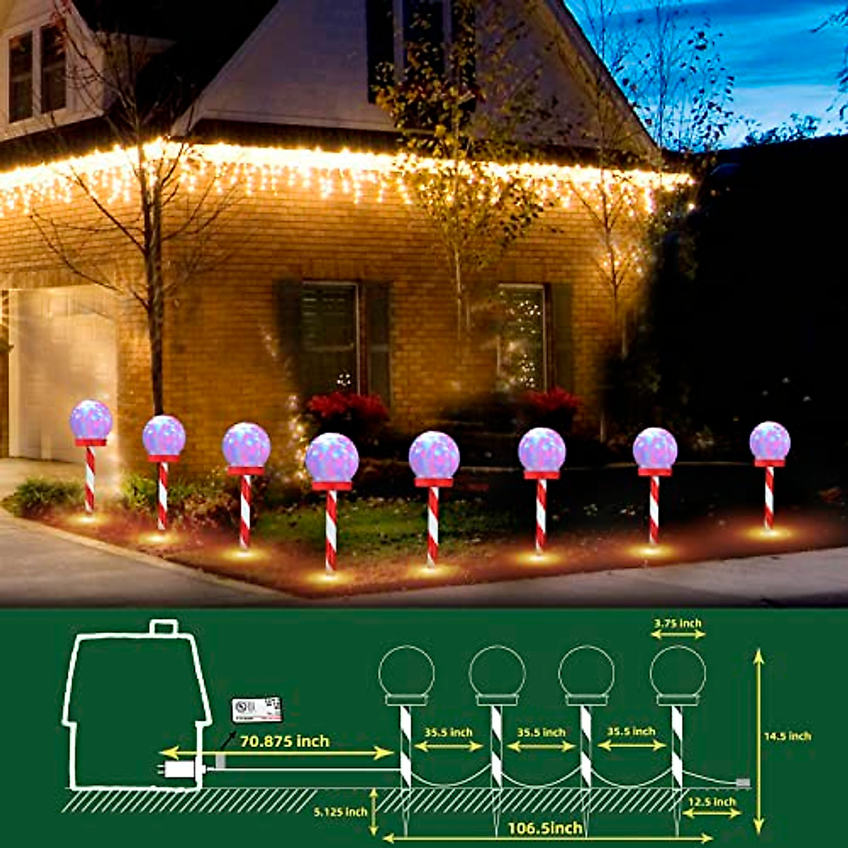 EAMBRITE 4PK RGB Ball Candy Cane Pathway Markers Light with Rotating Projector Waterproof Outdoor Stake Lights Decorative for Pond Garden Patio Landscape