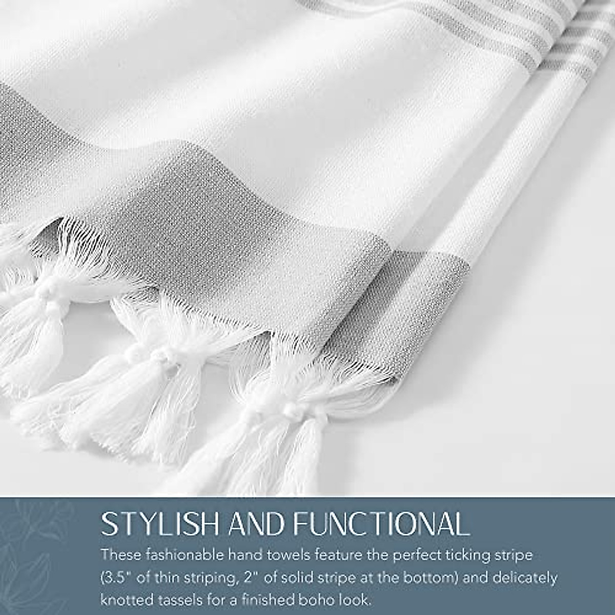 Elrene Home Fashions Boho Harper Stripe Knotted-Tassel Hand Towels, 16 Inches by 30 Inches, Set of 2,Cotton, Gray