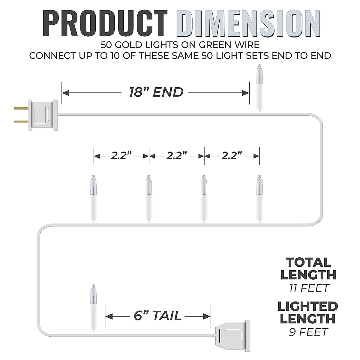 612 Vermont 50 Clear Christmas Lights on White Wire, UL Approved for Indoor/Outdoor Use, 9 Foot of Lighted Length, 11 Foot of Total Length