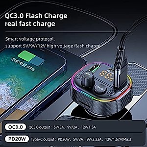Bluetooth 5.1 FM Transmitter for Car, Bluetooth Car Adapter with PD20W+QC3.0 Car Radio Music Adapter, Supports Handsfree Call Siri Google Assistant, SD Card/U Disk, 7 Color LED Backlit, LED Voltmeter