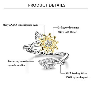 MILACOLATO Sunflower Ring Sterling Silver You are My Sunshine Ring 18K Gold Plated Adjustable Sunflower Band Rings for Women Valentine's Day Mother's Day Jewelry Gifts for Her, Size 7