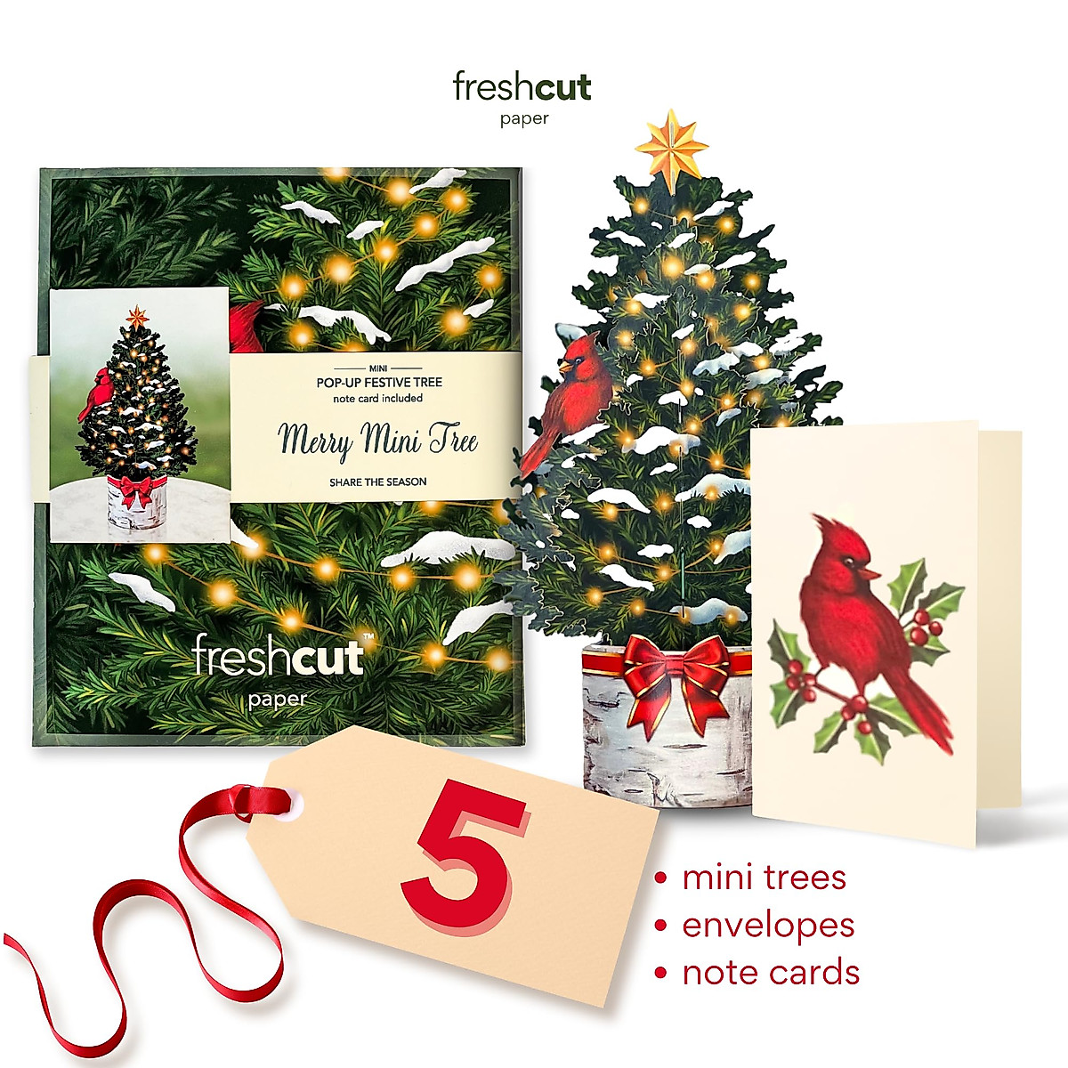 Freshcut Paper Pop Up Cards, Merry Mini Tree, 7 inch Mini Sized Paper Christmas Tree 3D Popup Greeting Cards, Christmas Card, Holiday Card, Blank Notecards & Envelopes, Pack of 5