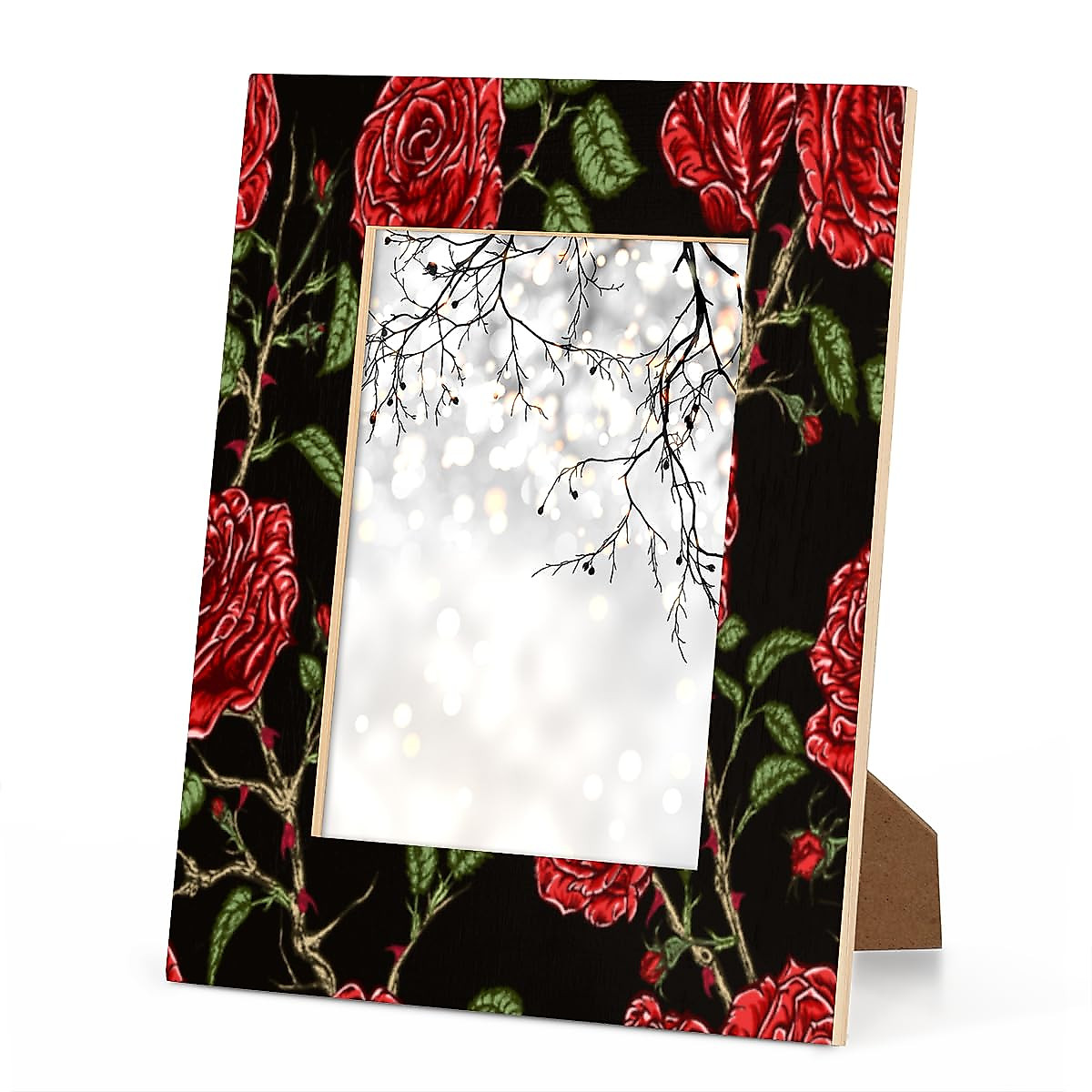 POFATO Skull Red Roses Stems 4x6 Picture Frame Wood Photo Frame for Tabletop Display Wall Mount Picture Frame Display 4x 6 Inch Photo Wall Decor Home Gift Frames
