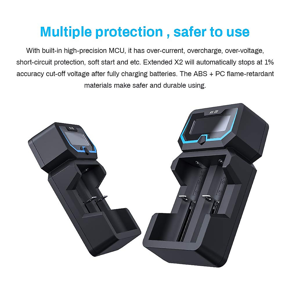 XTAR New X2 Extended Version 18650 Charger Protected 21700 18650 Battery and Charger Max 2A Charging Current w LCD Display 3.7V Battery Charger for 18350 26650 1.2V Ni-MH/ Ni-CD AC and Mirco USB Ports