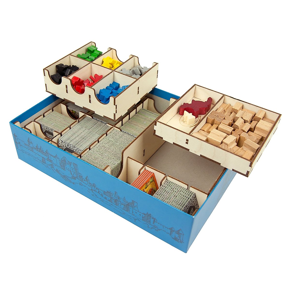 The Broken Token Board Game Organizer - Carcassonne Compatible Wood Storage Box with Multiple Trays, Rows and Dividers