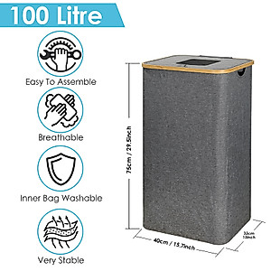 100L Recycling Bin for Kitchen Indoor Home, Large Capacity 26 Gallon Recycle Bin with Lid Removeable Reusable Inner Bag for Bottle Can Glass Waste Plastice Stickers, Kitchen Recycling Bin, Grey