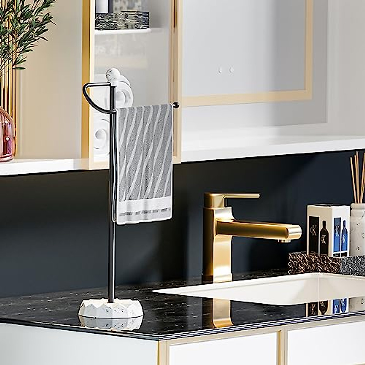 KASUNTO Hand Towel Holder Stand & Toilet Paper Holder with Heavy Base, Free Standing Towel Rack Marble Texture Base for Bathroom Counter, Modern & Stylish Design, Black