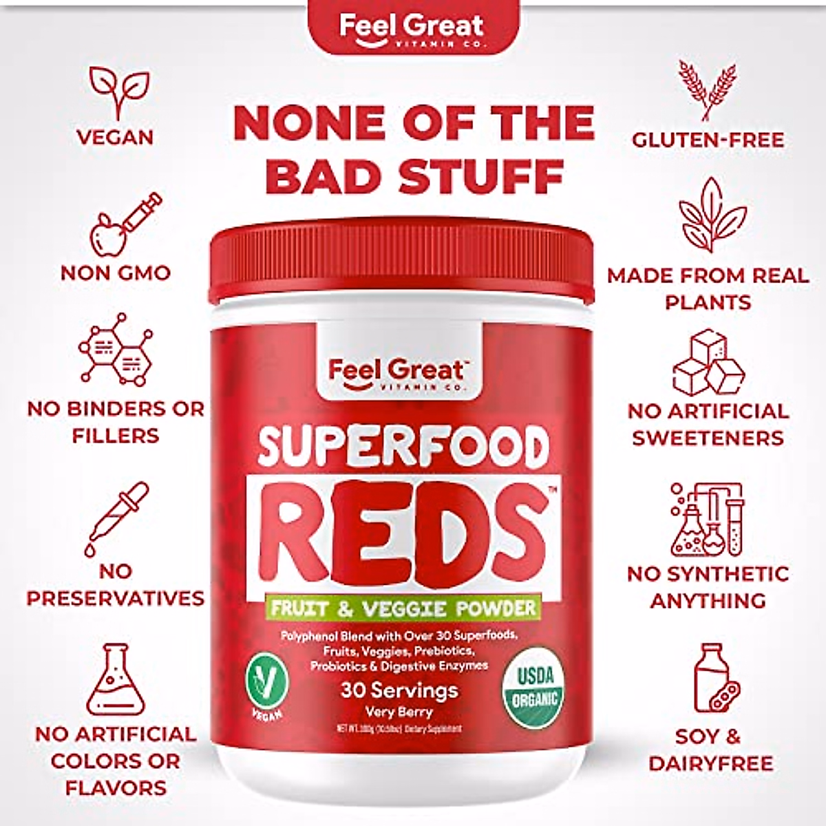 Superfood Reds Powder Fruit & Veggie Powder by Feel Great Vitamin Co. | Reds Superfood Powder with Beet Root Powder, Polyphenols, & Enzymes | Fruit Vegetable Supplements | Berry Flavor, (30 Servings)