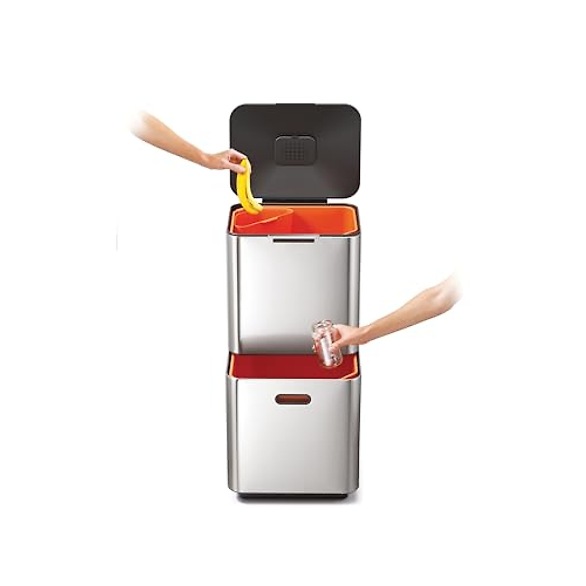 Joseph Joseph Totem Max 60 Liter Waste Separation and Recycling Kitchen Trash Can with Odor Filter and Removable Food Waste Caddy, Stainless Steel