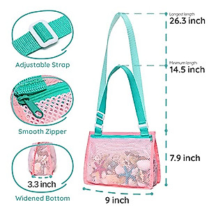 F-color Beach Toy Kids Beach Bag Shell Collecting Bag, Mesh Beach Bag Seashell Bag Net Bag for Sea Sand Pool Swim Beach Shell Accessories Beach Gifts for Kids Girls Boys, 3 Packs (Green, Blue, Pink)