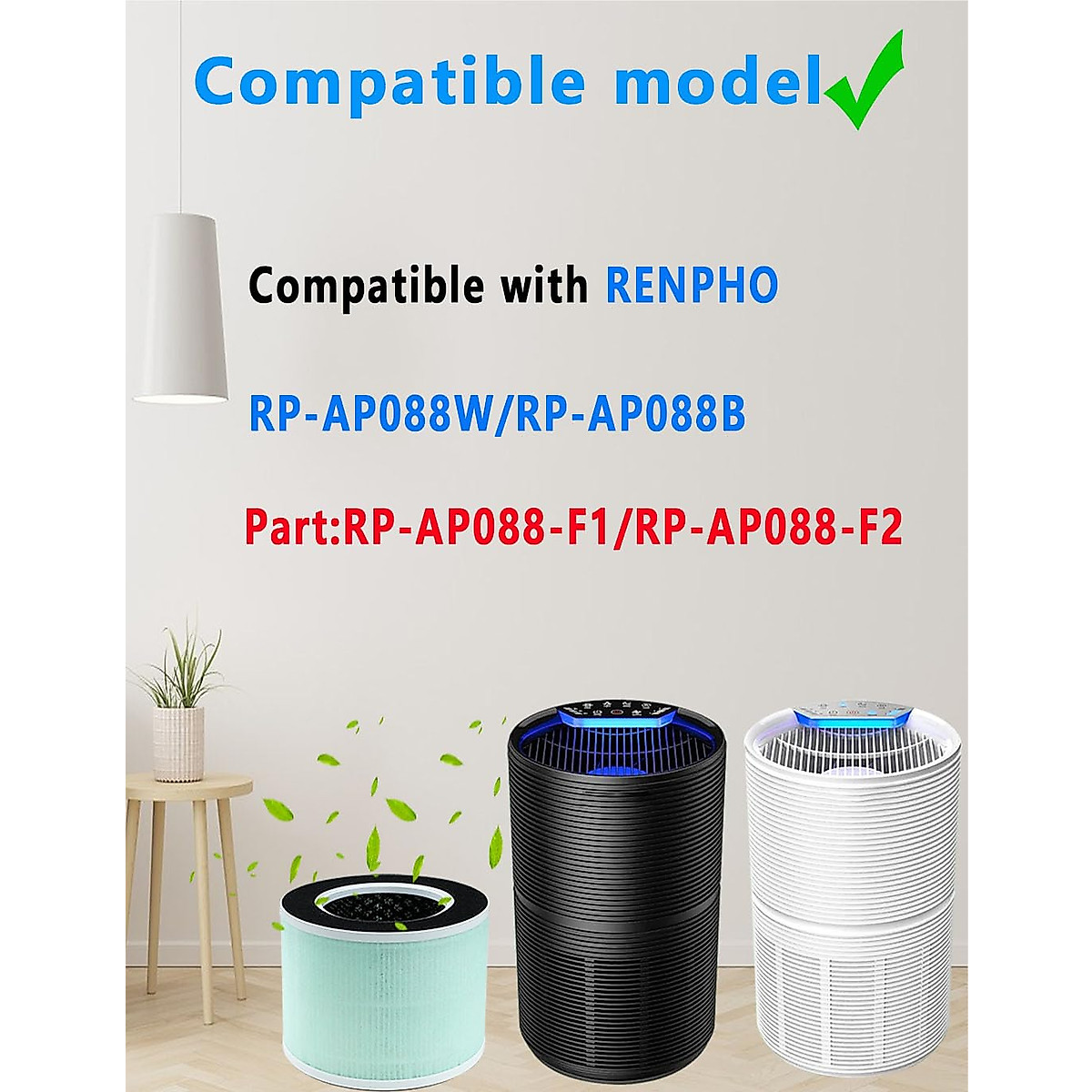BBT BAMBOOST RP-AP088-F2/F1 Replacement Filter Compatible with Renpho RP-AP088 RP-AP088W RP-AP088B Air Purifier, 3-in-1 H13 True HEPA and High-Efficiency Activated Carbon Filter, 2 Pack