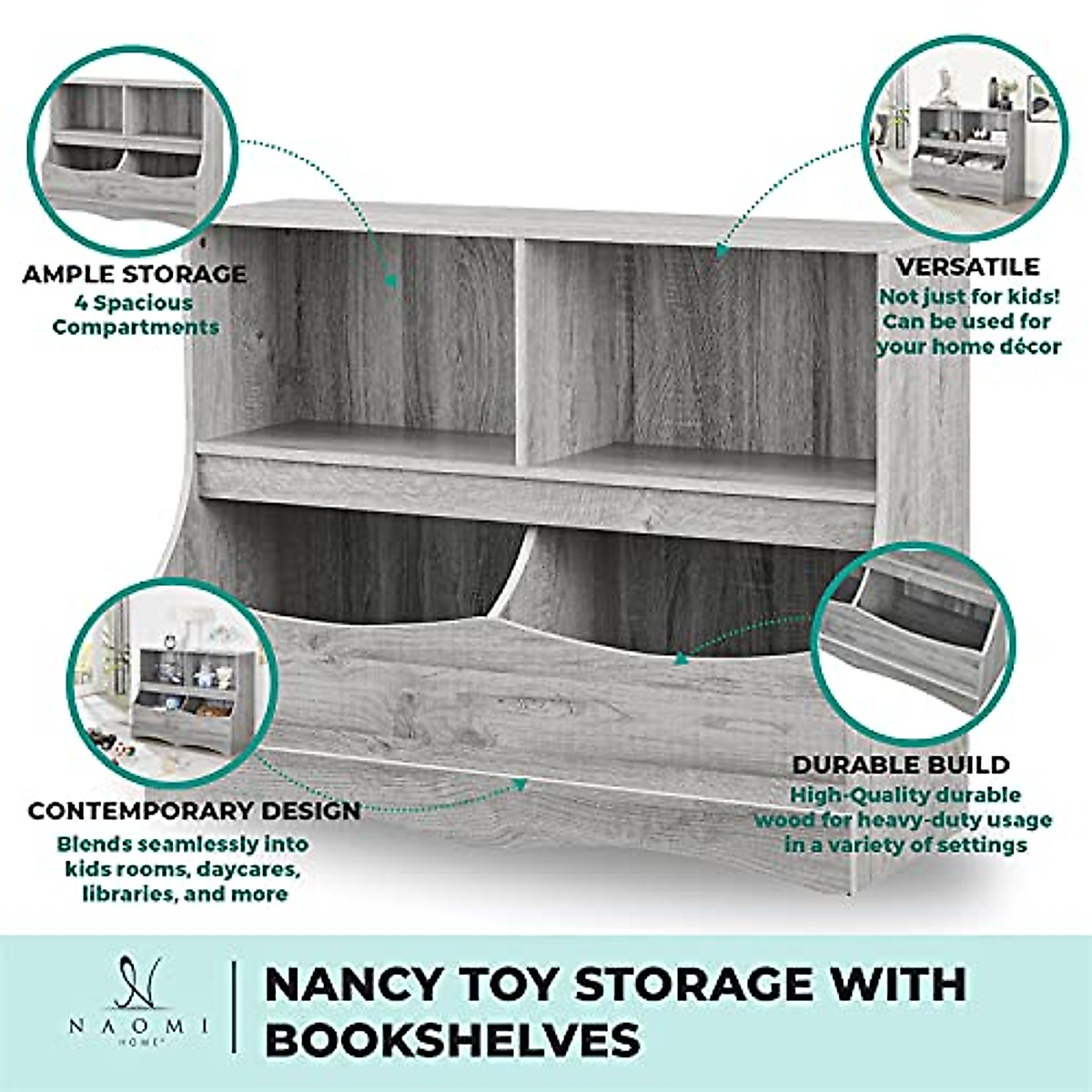 Naomi Home Nancy Stylish Storage Delights Toys Find Their Home Kids Storage with Bookshelves, Multifunctional Toy Organizer Kids' bookcases, Cabinets & Shelves for Playroom, Nursery, White