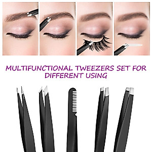 Eyebrow Tweezers Set, HOCOSY 7 in 1 Eyebrow Kit includes Eyebrow Scissors, Brush, Eyebrow Razor, Stainless Steel, Best Precision Eyebrow Shaper Trimmer for Ingrown Hair with Leather Travel Case