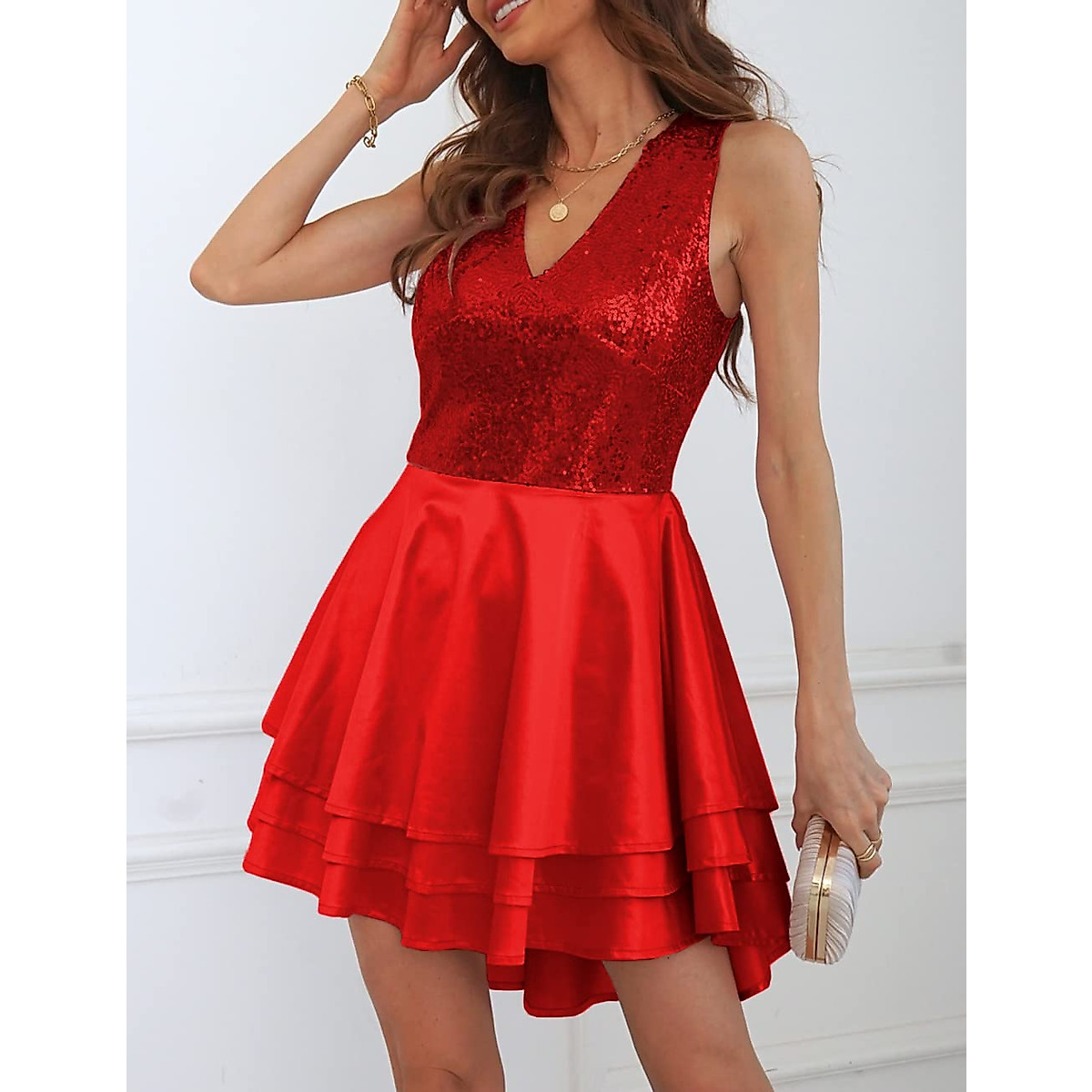 Lrady Women's Sequin Glitter V Neck Skater Mini Club Cocktail Party Swing Dress, Red, Medium