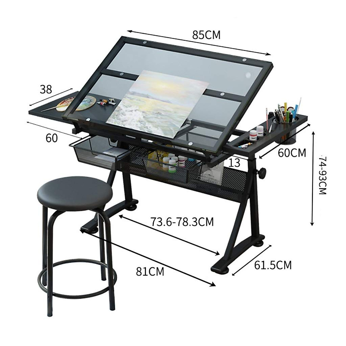 EESHHA Drawing Table Tiltable Drawing Table, Adjustable Art Desk, with Storage Craft Table, Drafting Table Glass Panel,Adult Drawing Desk