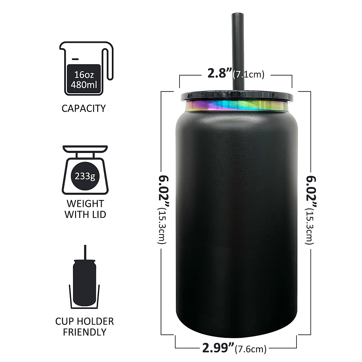 Glass Cups with Lids and Straws, 16 oz Stainless Steel Cups, Insulated Skinny Tumbler, Powder Coated Travel Mugs for Laser Engrave, Iced Coffee Cup for Smoothie Water DIY Gift (Black,1 pack)