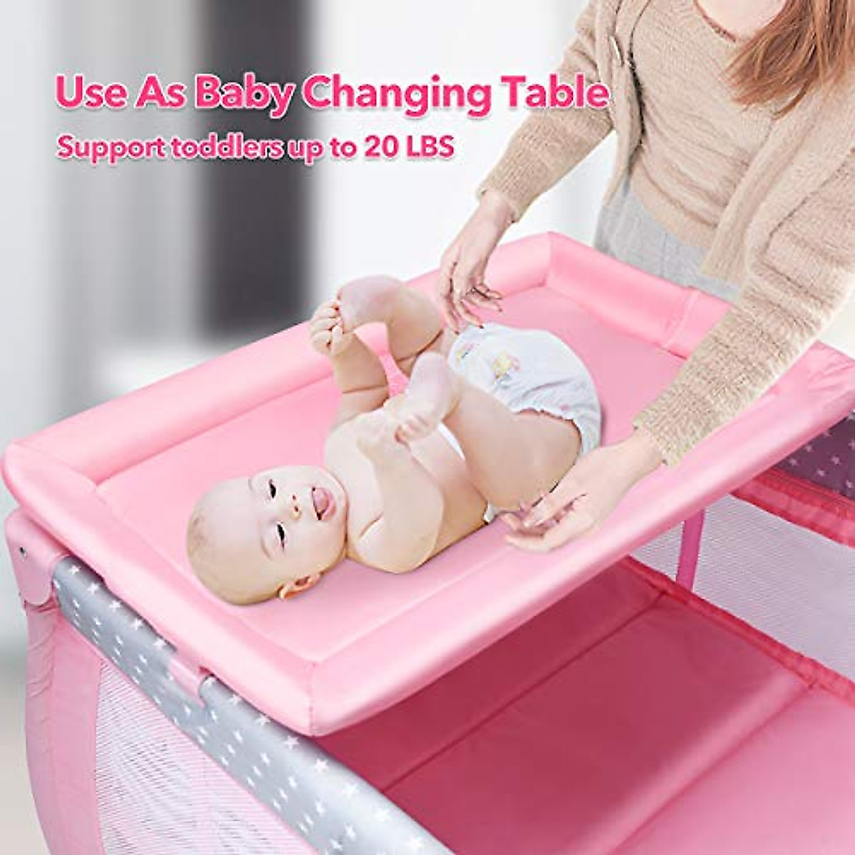 HONEY JOY Pack and Play with Bassinet, 3 in 1 Portable Baby Playard with Infant Full-Size Bassinet & Changing Table, Diaper Stacker, Foldable Play Yard Nursery Center w/Toy Bar, Oxford Bag (Pink)