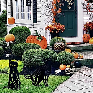 YEAHOME Halloween Decorations Outdoor, 2 Pack Skeleton Black Cat Garden Stakes for Halloween Decor, Scary Metal Cat Silhouette Yard Signs for Outside Garden Lawn Patio Party Decorations