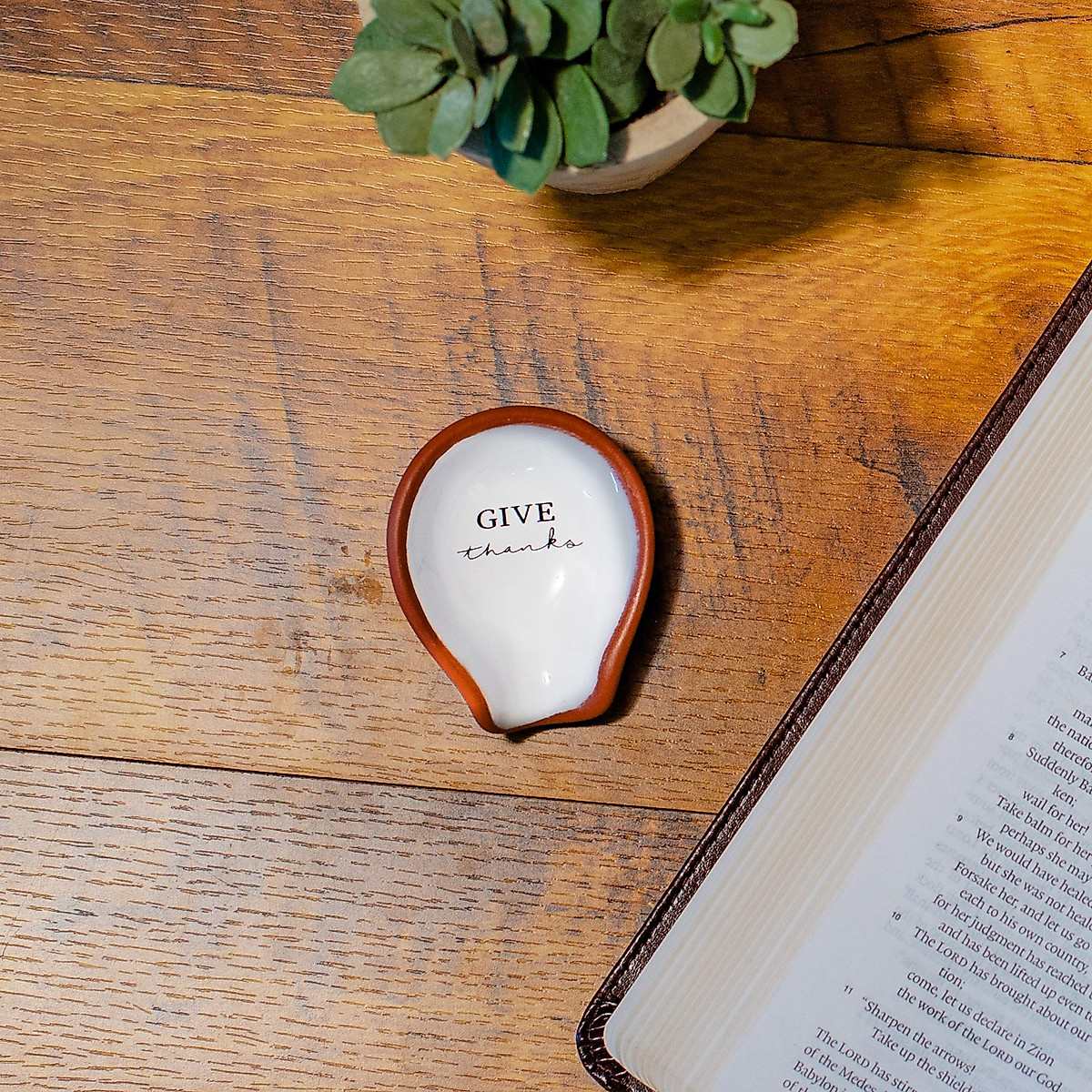 Give Thanks Glossy Brown 2 x 3 Terra Cotta Decorative Countertop Spoon Rest