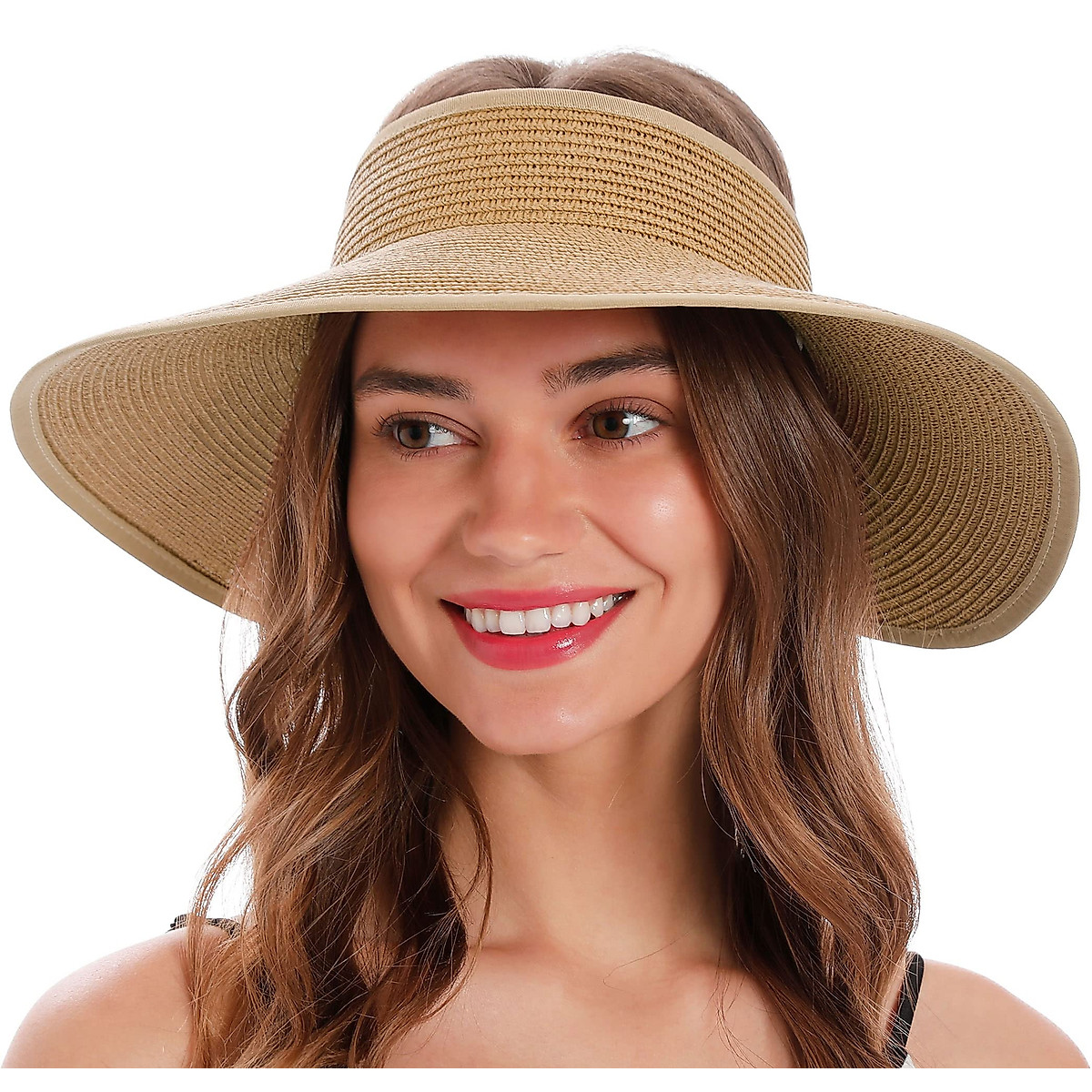 Beach Hats for Women Foldable Womens Visor Sun Hat Womens Wide Brim Hats for Women Fashionable Hats with Ponytail Hole On Top UV Protection Fishing Hat, Natural