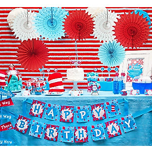 Dr Seuss Cat in The Hat Birthday Decorations Thing 1 and Thing 2 Decorations/Cat in The Hat Baby Shower Decorations/Turquoise Red Tissue Paper Fans for Circus Carnival Birthday Party Decorations