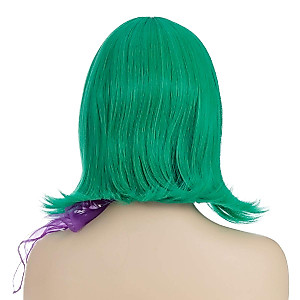 MORTICIA Short Straight Fillp out Green Bob holiday and vacations Costume Cosplay Wig with Purple Scarf