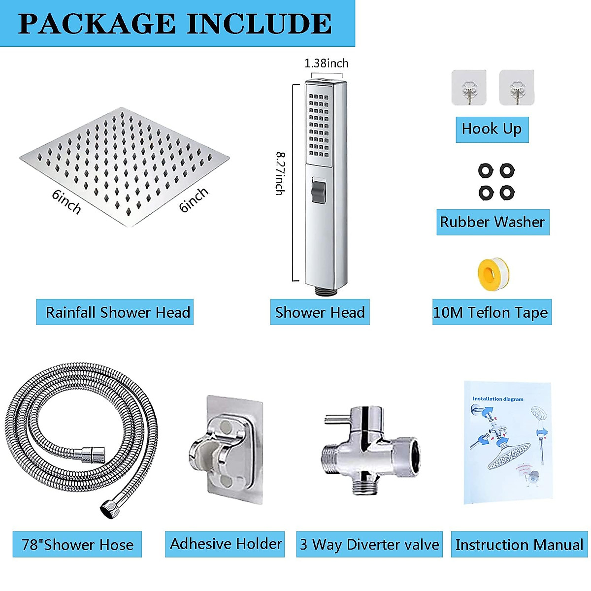 High Pressure Square Rain Shower Head with Handheld Spray Combo, Equipped with 78" Stainless Steel Hose, 3 Way Diverter Valve, Adhesive Shower Head Holder, Dual Shower Head Set, Chrome,AWAXFOLO