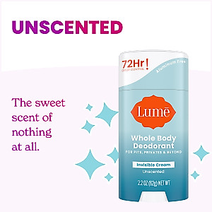 Lume Whole Body Deodorant - Invisible Cream Stick - 72 Hour Odor Control - Aluminum Free, Baking Soda Free, Skin Safe - 2.2 Ounce (Unscented)