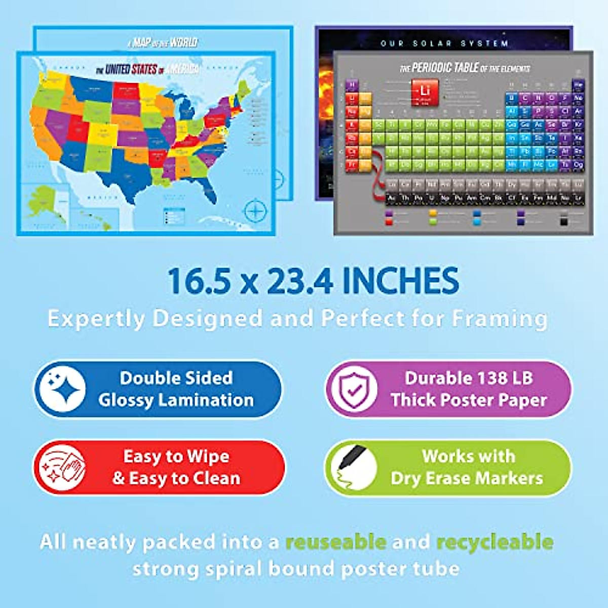 Classroom Wall Posters - Solar System, Periodic Table, World Map & USA Maps for Kids - Visual Learning Aid for Children and Schools - Laminated & Durable