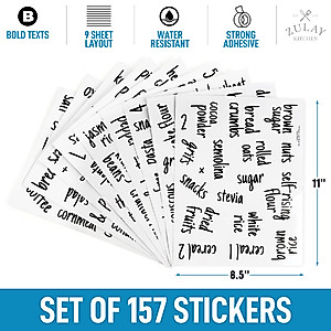 Zulay 157 Script Kitchen Pantry Labels for Containers - Preprinted Bold Cursive Kitchen Labels for Containers with Clear Background - Water Resistant Storage Container Labels Pantry Organization