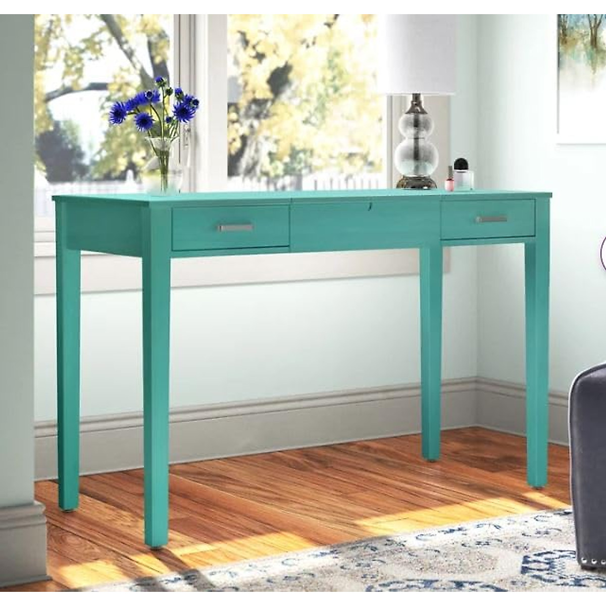 Alveare Home Aimee Makeup Dressing Table with USB and Outlet Vanity Desk, Turquoise