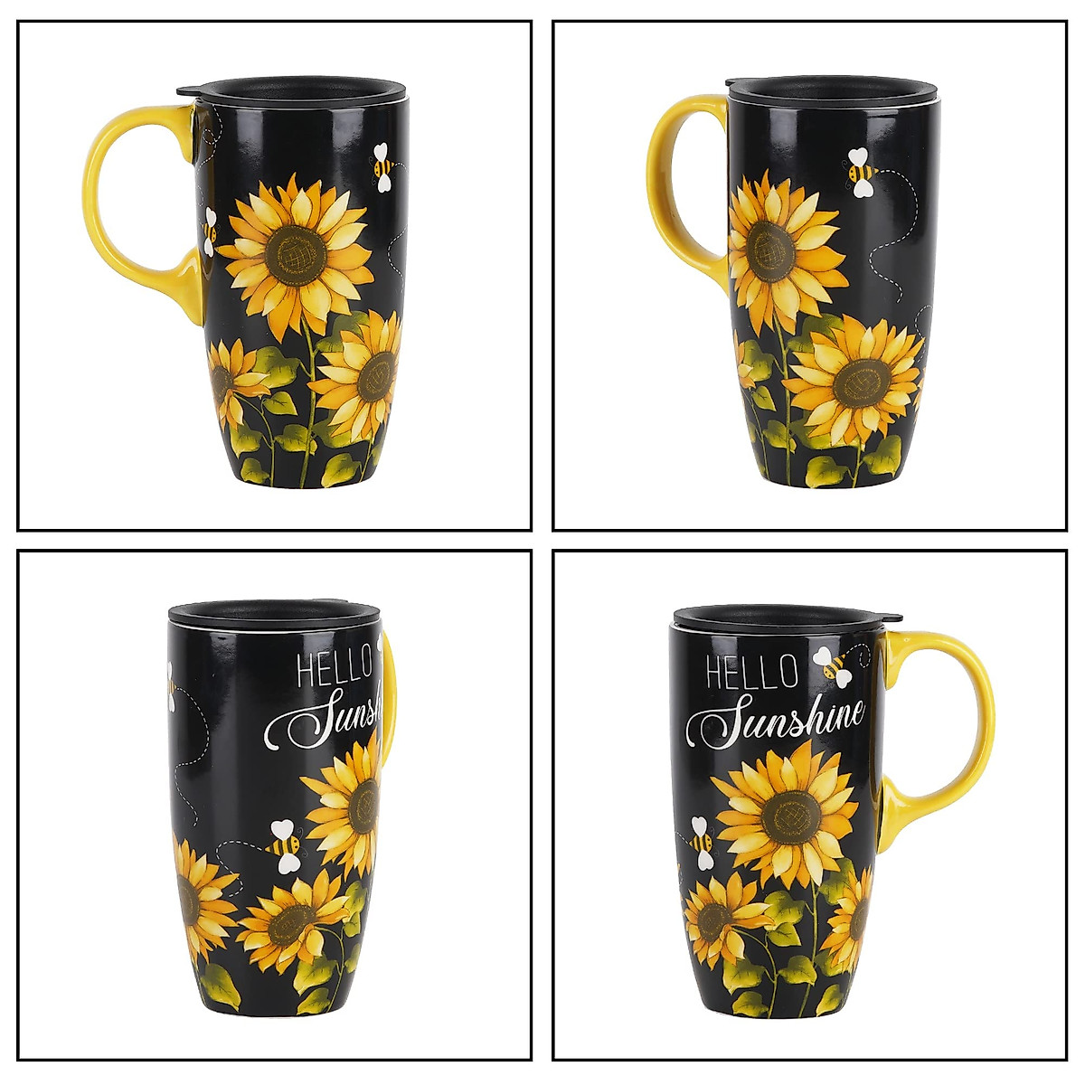 Topadorn Ceramic Coffee Mug Gift for Home & Office, 17oz. Porcelain Latte Travel Cup with Lid and Color Box, Sunflower Art Tea Mug with Handle, 6.5" H