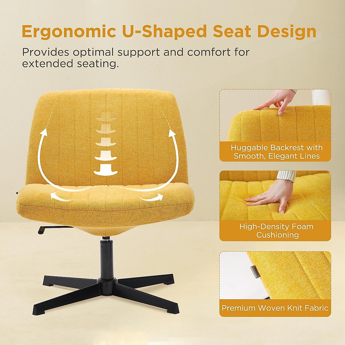 Nouhaus Linechair Criss Cross Chair, Armless Cross Legged Office Chair No Wheels, Adjustable Wide Seat Swivel Vanity Chair Computer Task Chair (Yellow)
