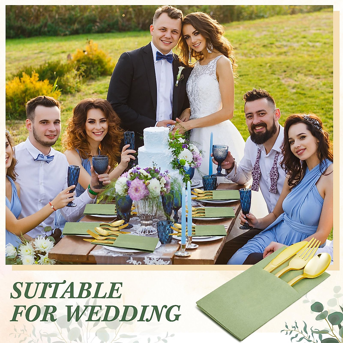 Tioncy 100 Pack Gold Plastic Silverware Cutlery Set Dinner Napkins with Built in Flatware Pocket Disposable 100 Forks Spoons Knives and 100 Like Cloth Paper Napkins for Dinner Wedding Party (Green)