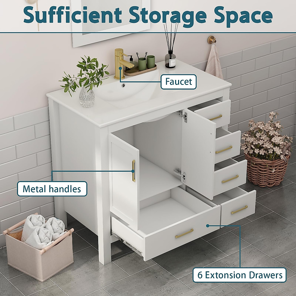 DEYGIA 36" Bathroom Vanity with Sink with Faucet, Single Sink Bathroom Vanity with 5 Drawers, Mirror, Pedestal,Ceramic Countertop, Ceramic Sink, Soft-Close Doors (White)